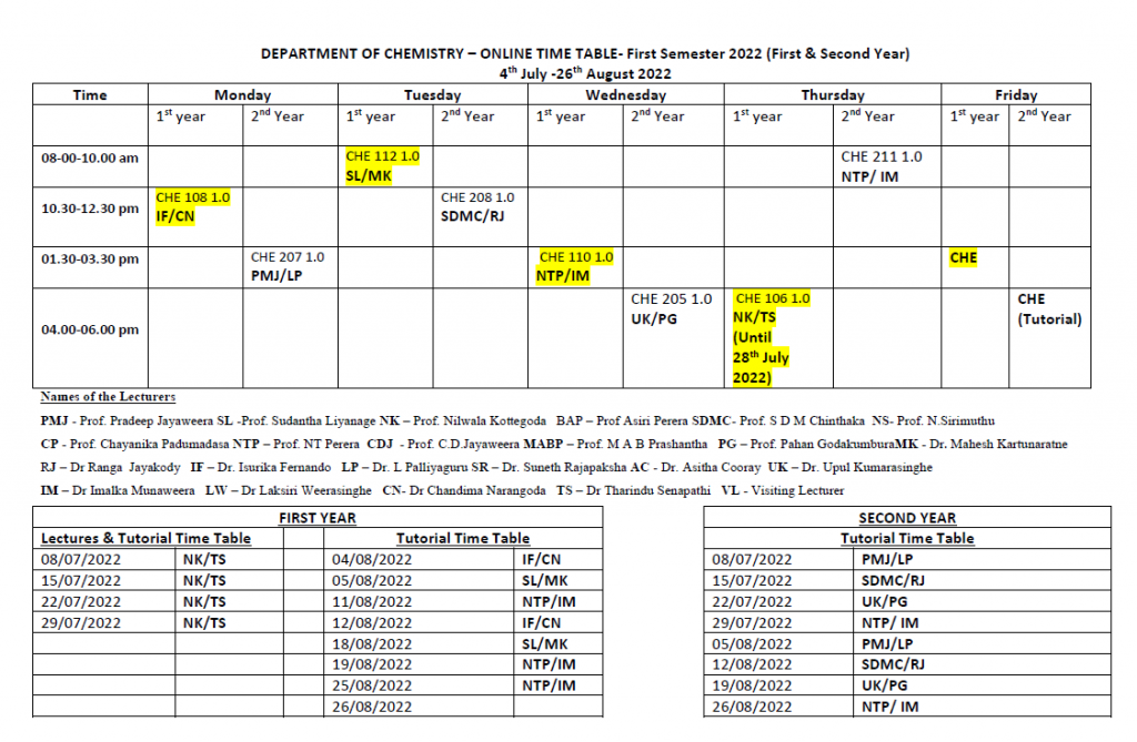 Department Time Tables – 2022 First Semester – Department of Chemistry