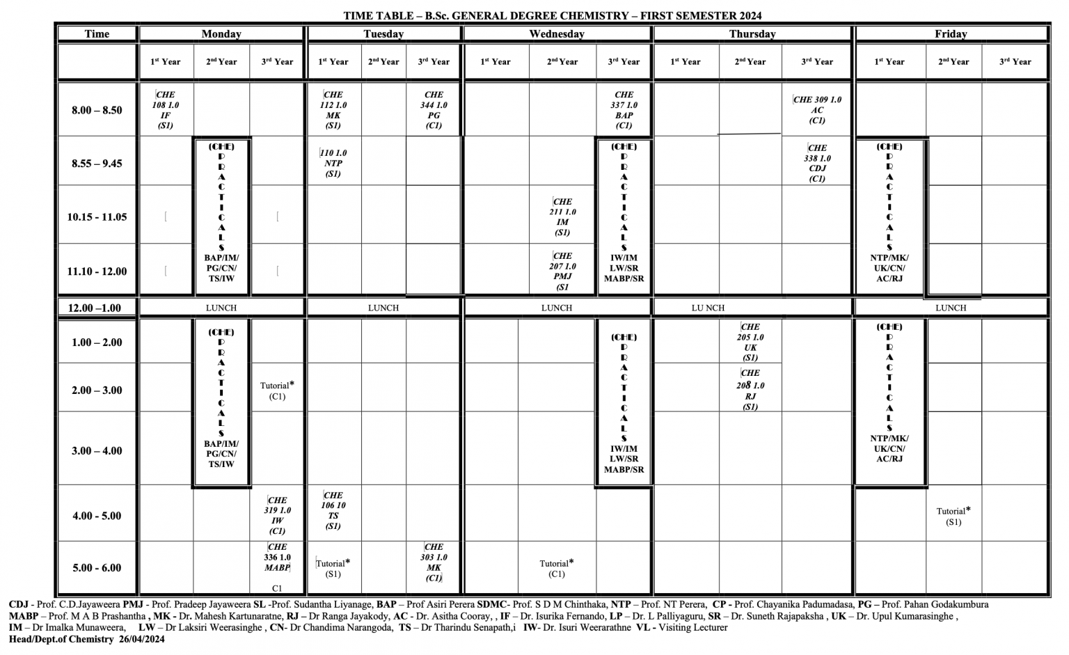 Download: Timetable 2024 – First Semester (updated) – Department of Chemistry