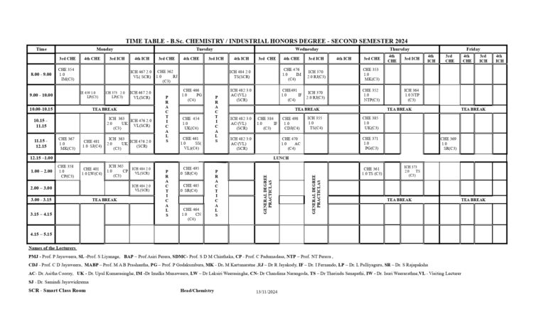 Download: Timetable 2024 – Second Semester – Department of Chemistry