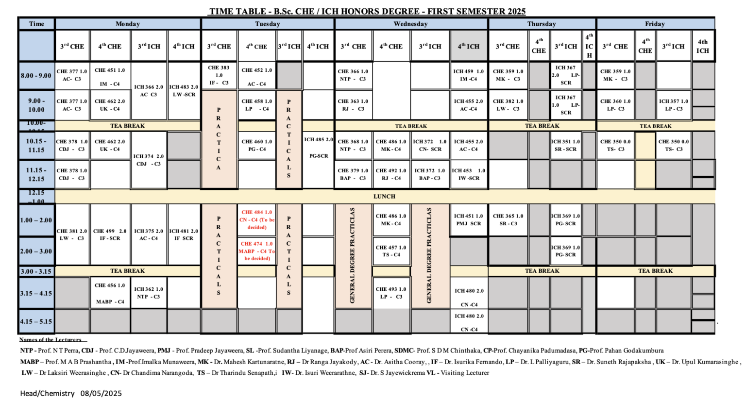 Time Tables 2025: 1st Semester – Department of Chemistry