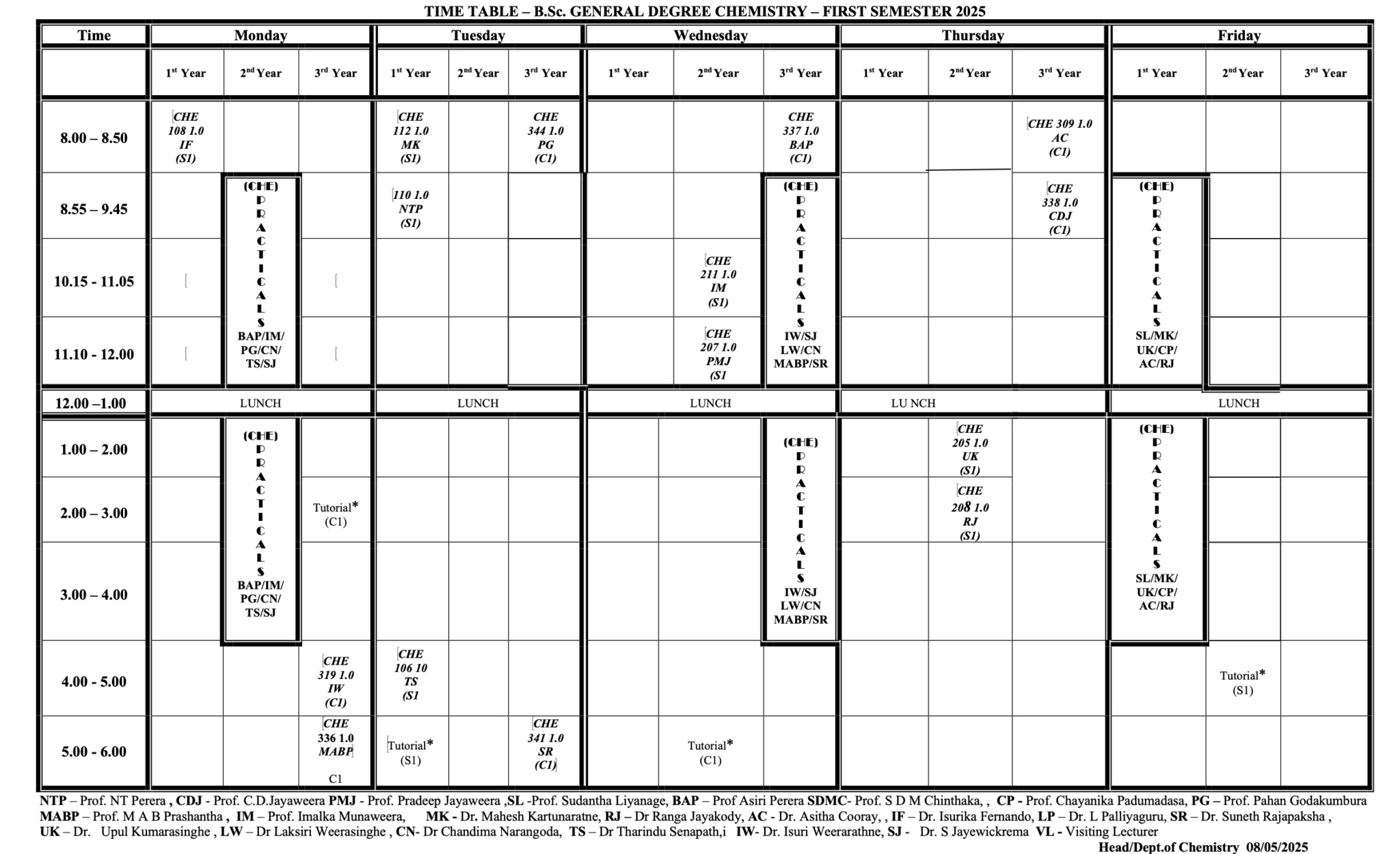 Time Tables 2025: 1st Semester – Department of Chemistry
