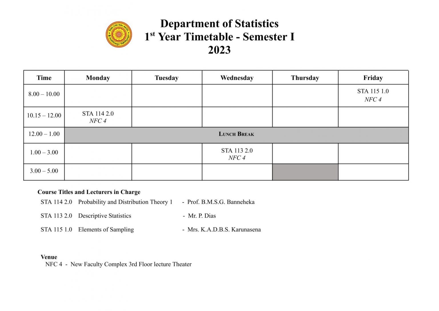 Semester I Timetable – 2023 – Department of Statistics