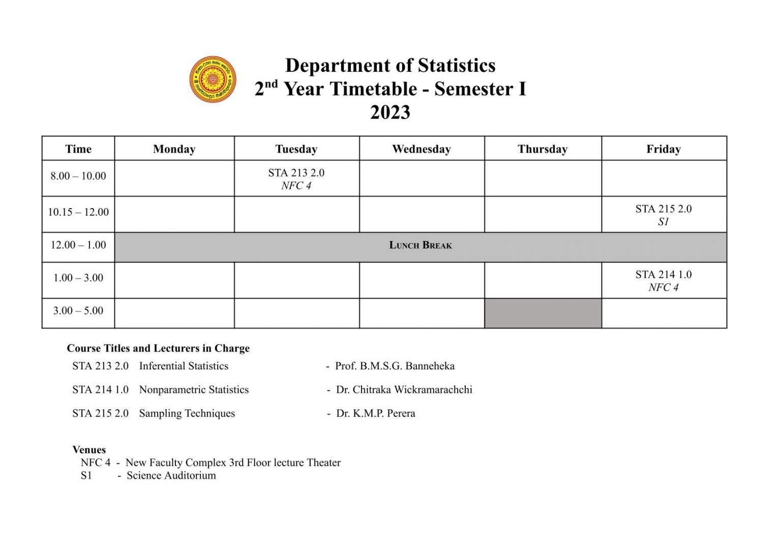 Semester I Timetable – 2023 – Department of Statistics