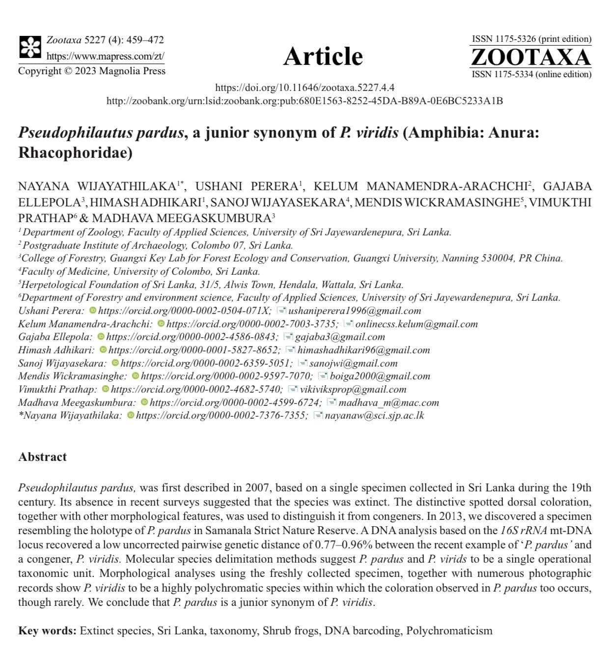 Pseudophilautus pardus, a junior synonym of P. viridis (Amphibia: Anura ...